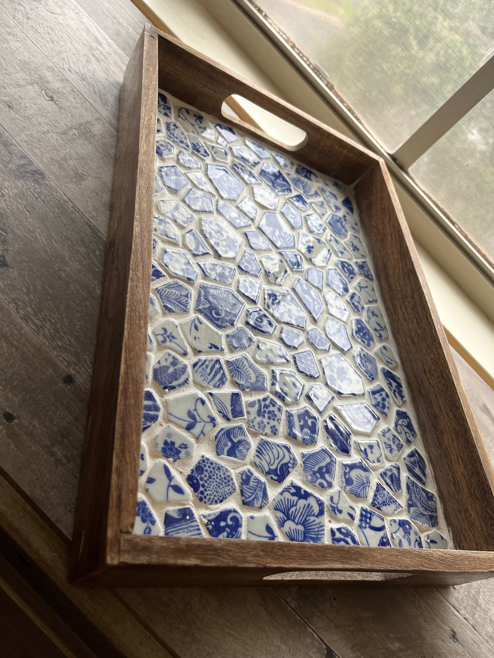 Natural Classic Wood, Mosaic Tile Tray, Broken Ceramic Tile Pieces ...