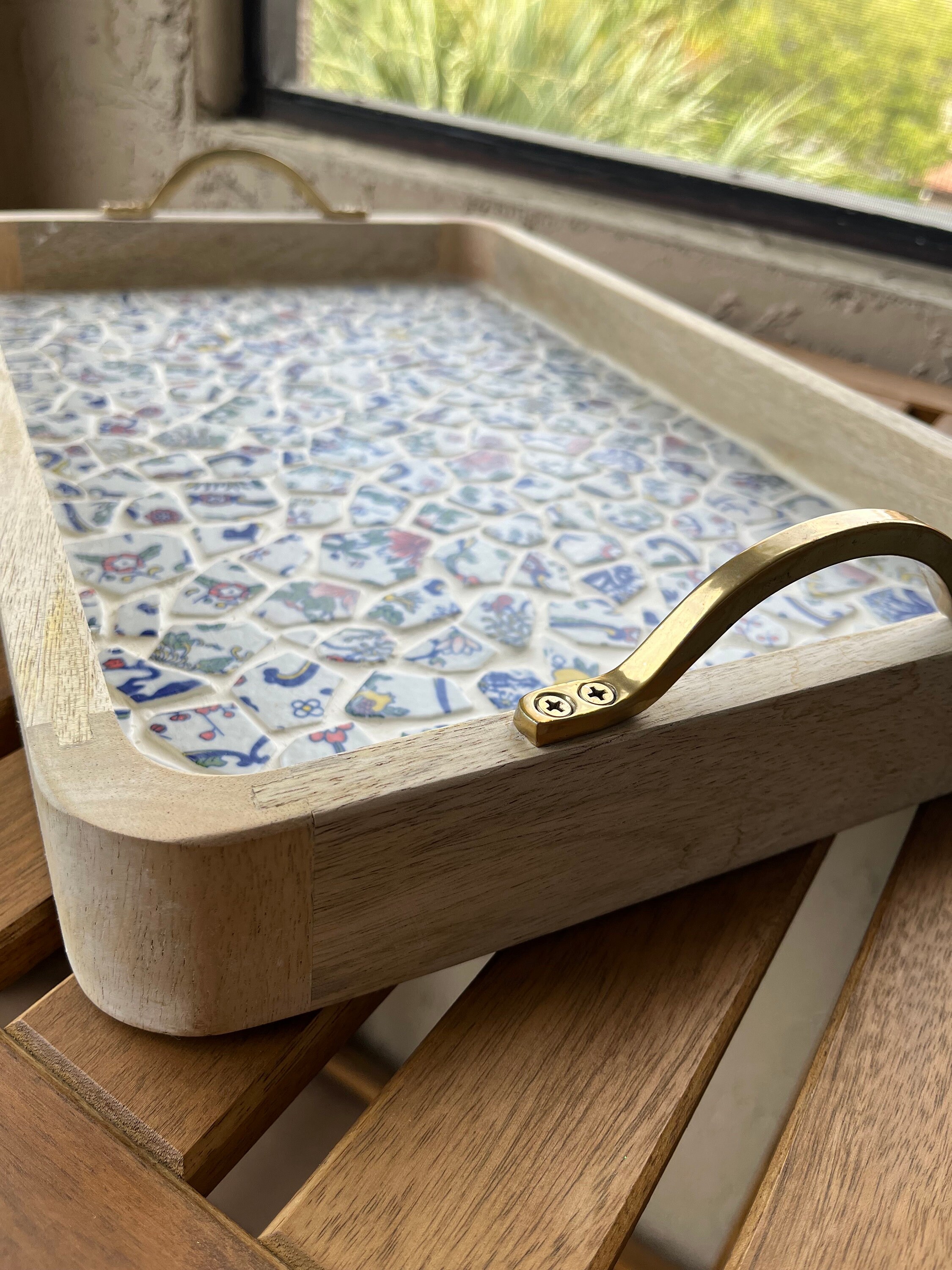 Natural Wood, Vintage Style, Mosaic Tile Tray, Broken Ceramic Tile ...