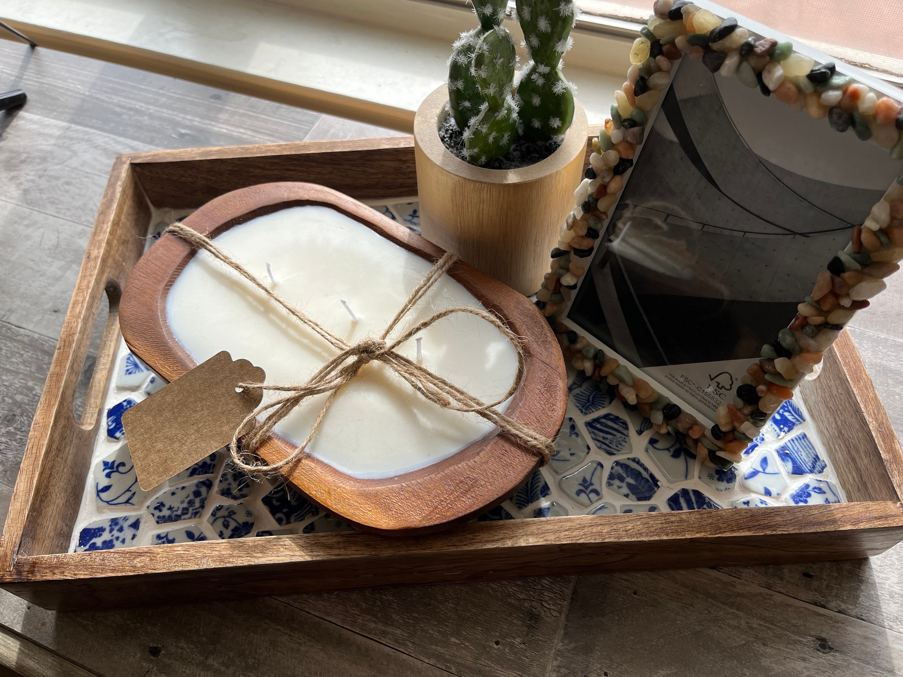 Natural Classic Wood, Mosaic Tile Tray, Broken Ceramic Tile Pieces ...
