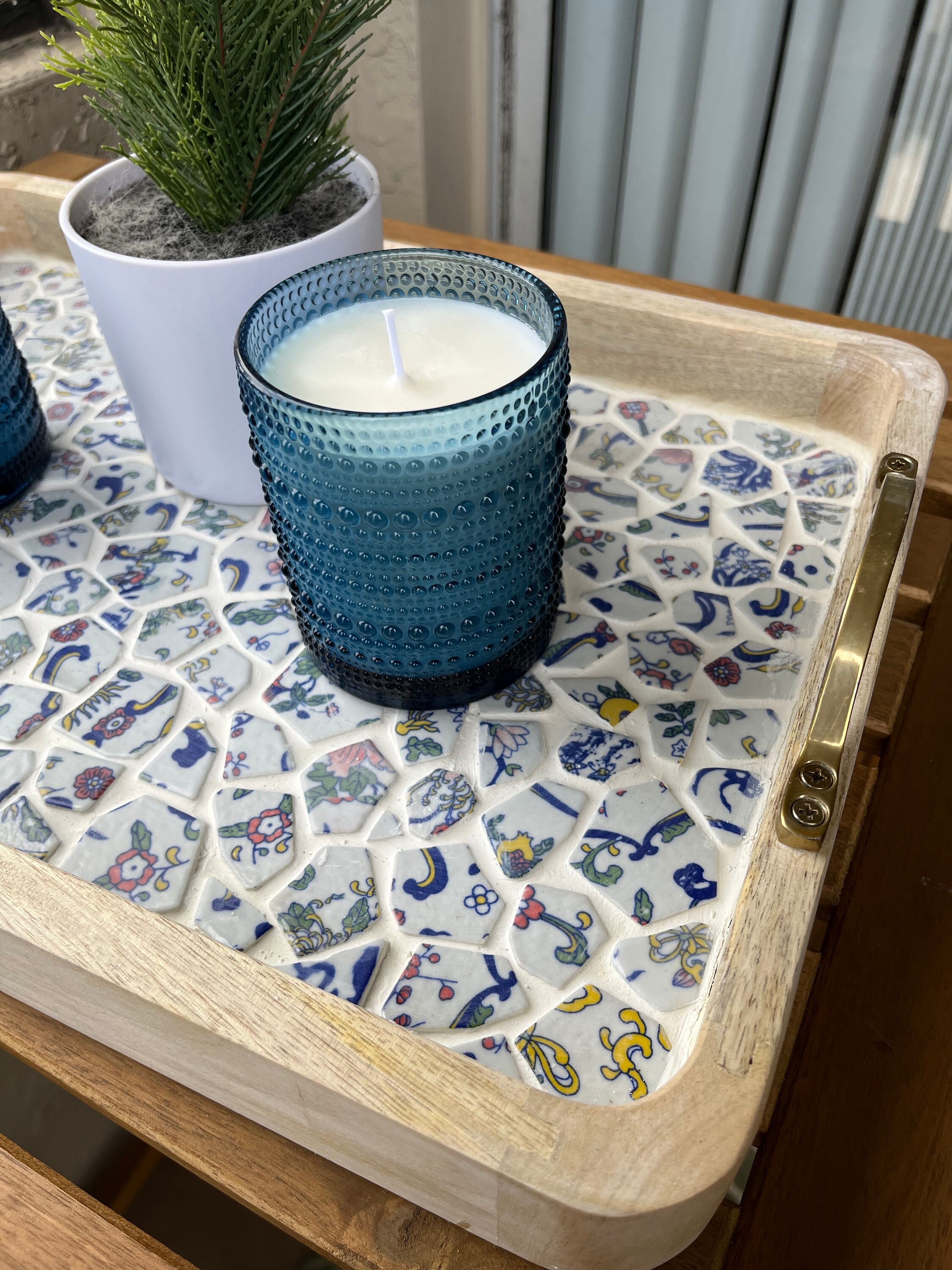 Natural Wood, Vintage Style, Mosaic Tile Tray, Broken Ceramic Tile ...