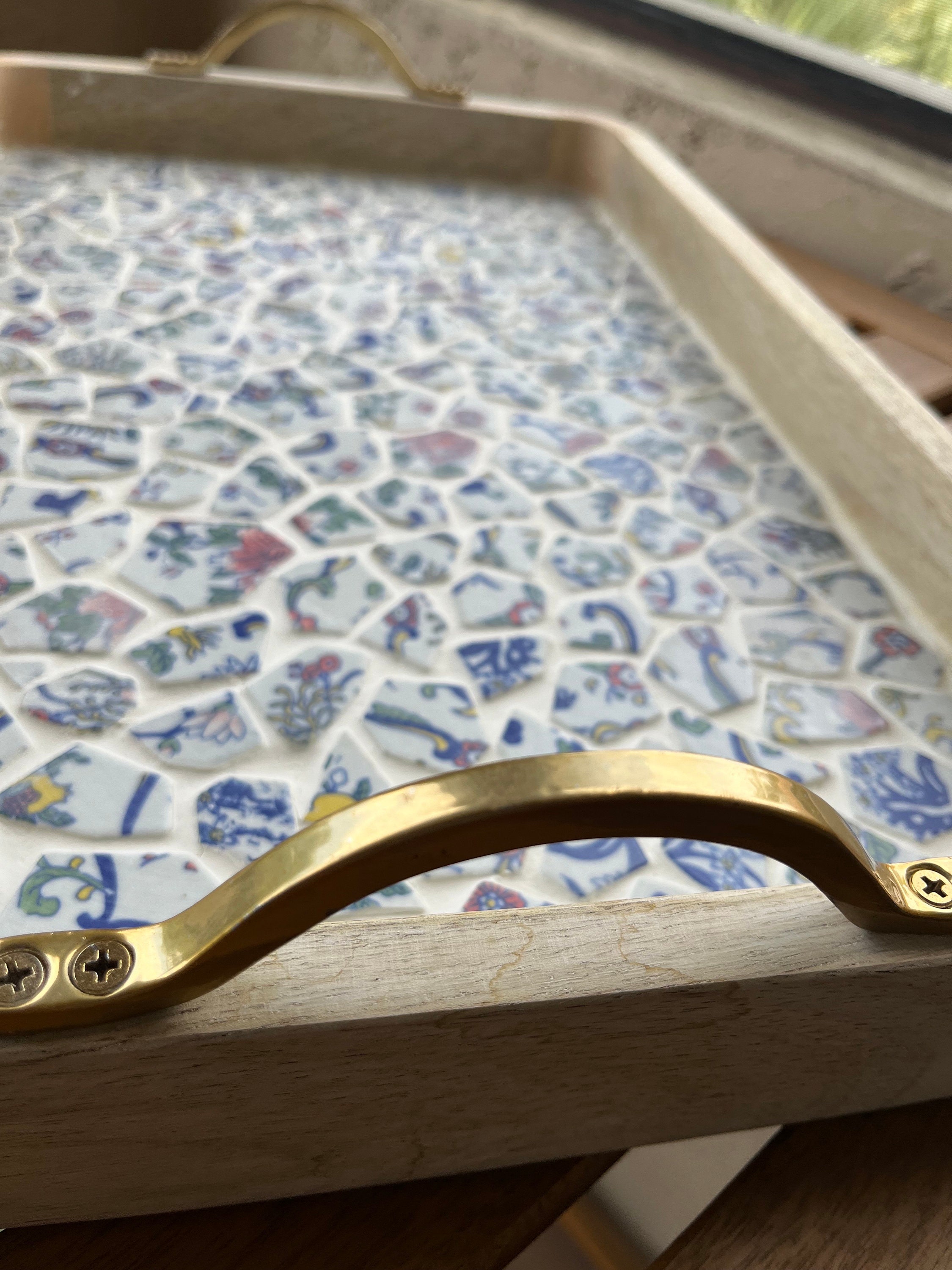 Natural Wood, Vintage Style, Mosaic Tile Tray, Broken Ceramic Tile ...