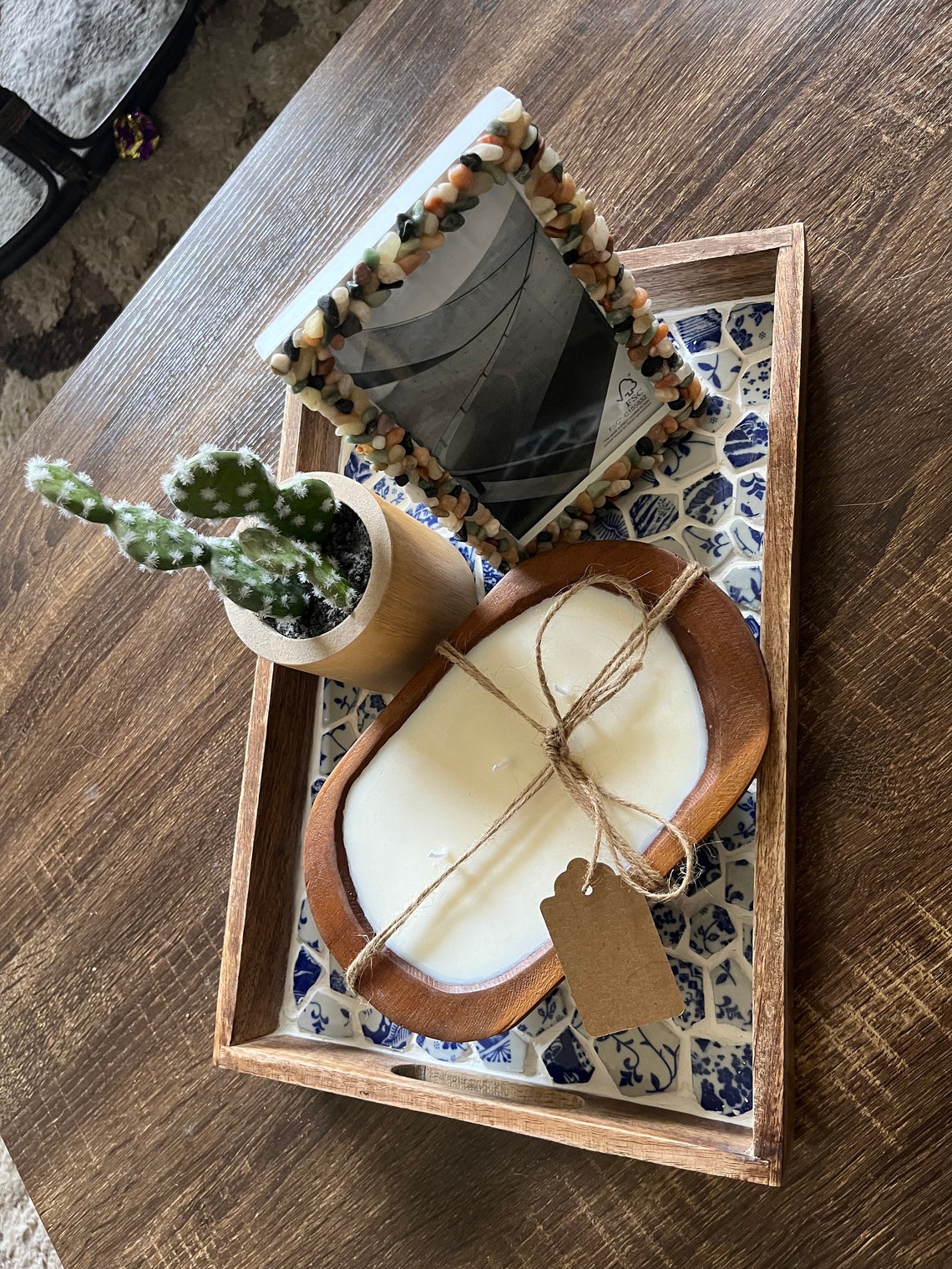 Natural Classic Wood, Mosaic Tile Tray, Broken Ceramic Tile Pieces ...