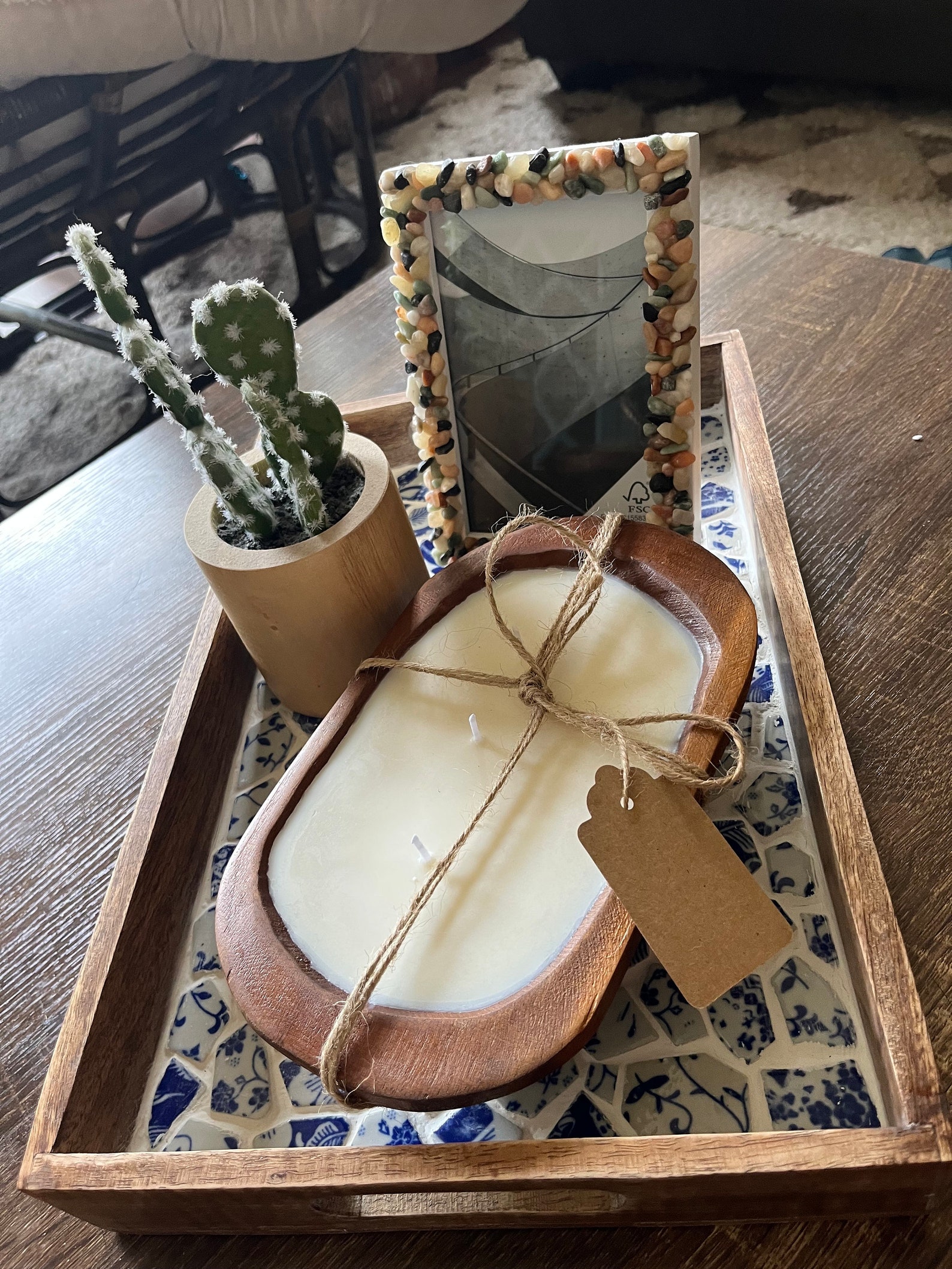 Natural Classic Wood, Mosaic Tile Tray, Broken Ceramic Tile Pieces ...