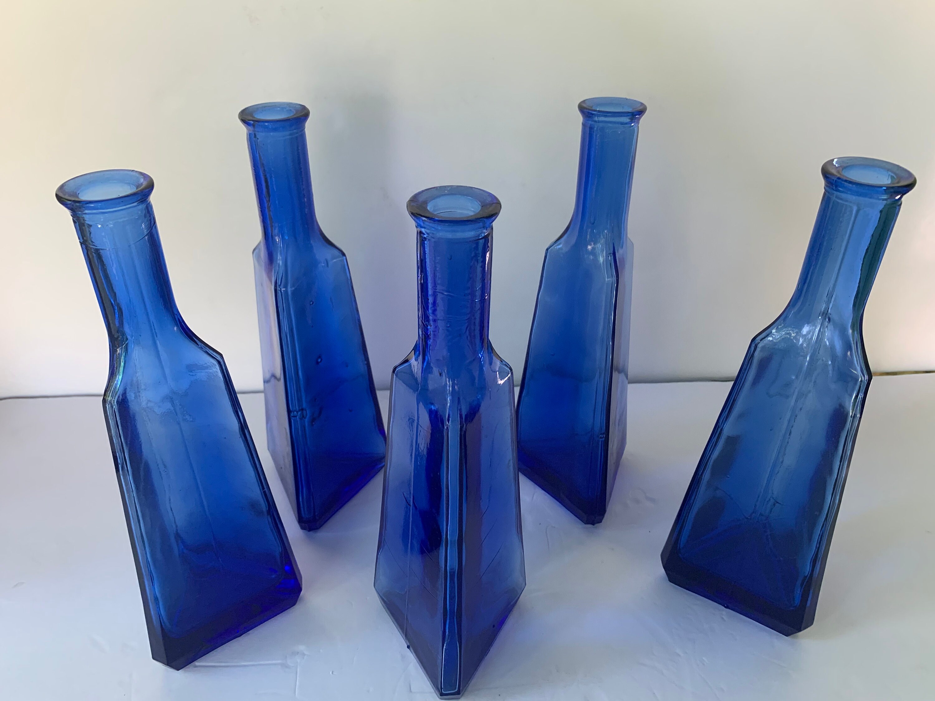Stunning Vintage Cobalt Blue Triangular Bottles Unmarked 9 3/8 X 3 1/4 ...