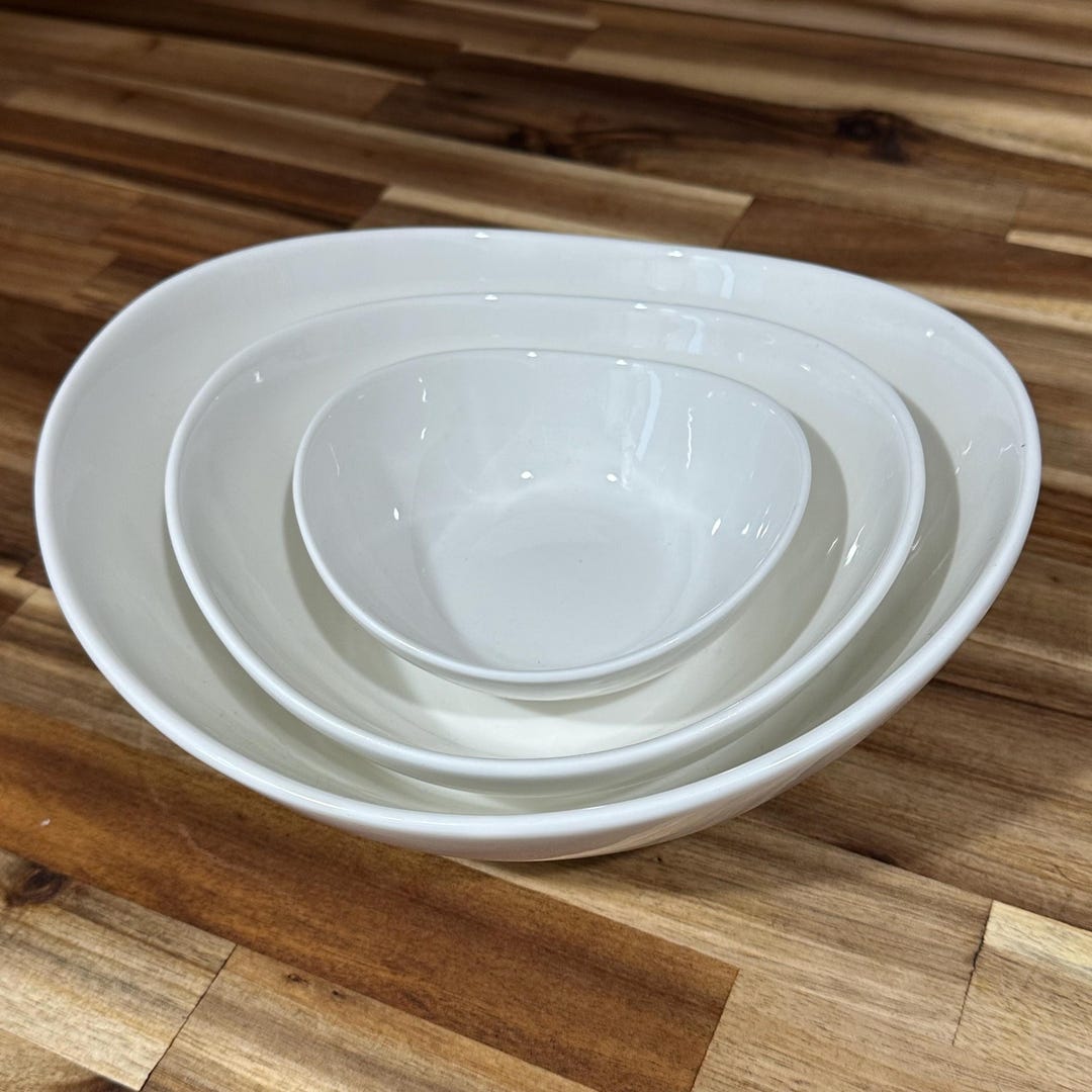 3 White Porcelain Asymmetrical Elliptical Shaped Nesting Serving Bowls ...