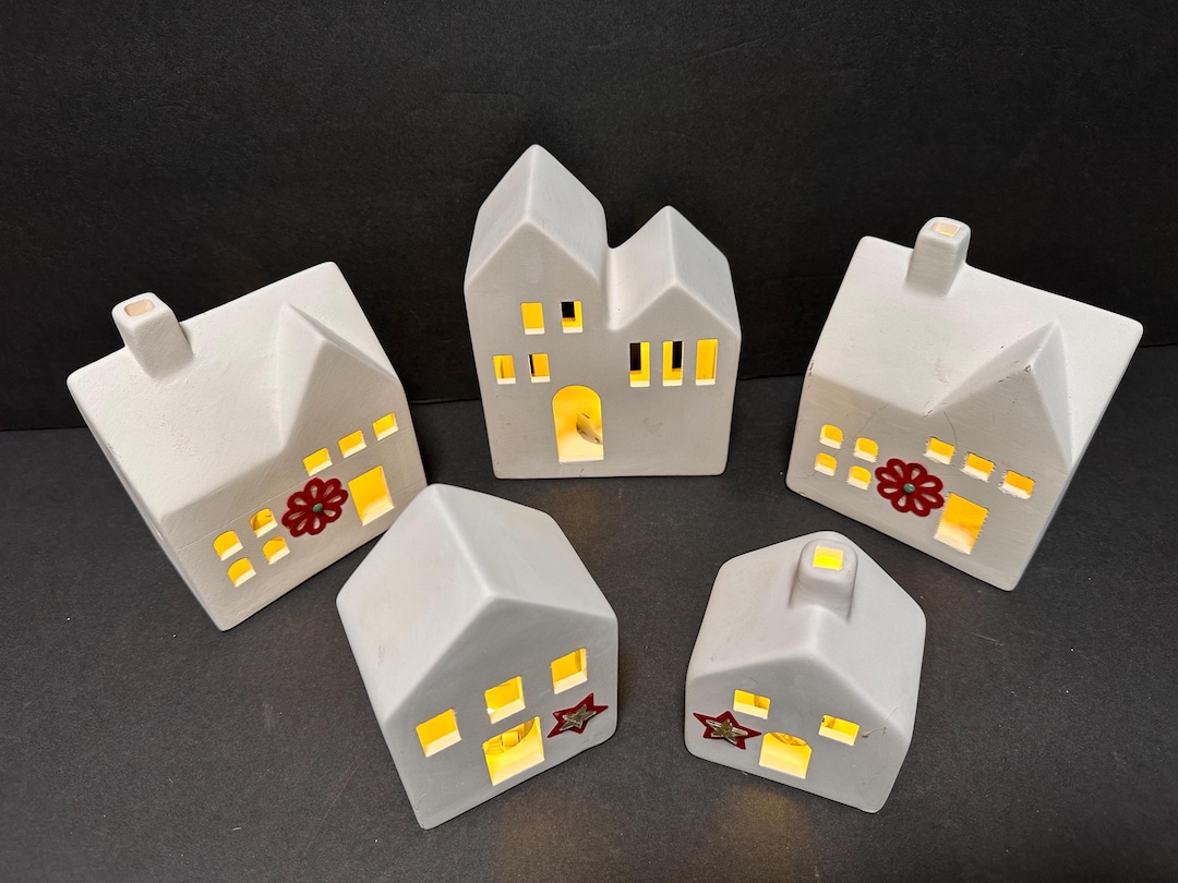 5 White Illuminated Unglazed Ceramic Houses With Battery Lights - Etsy