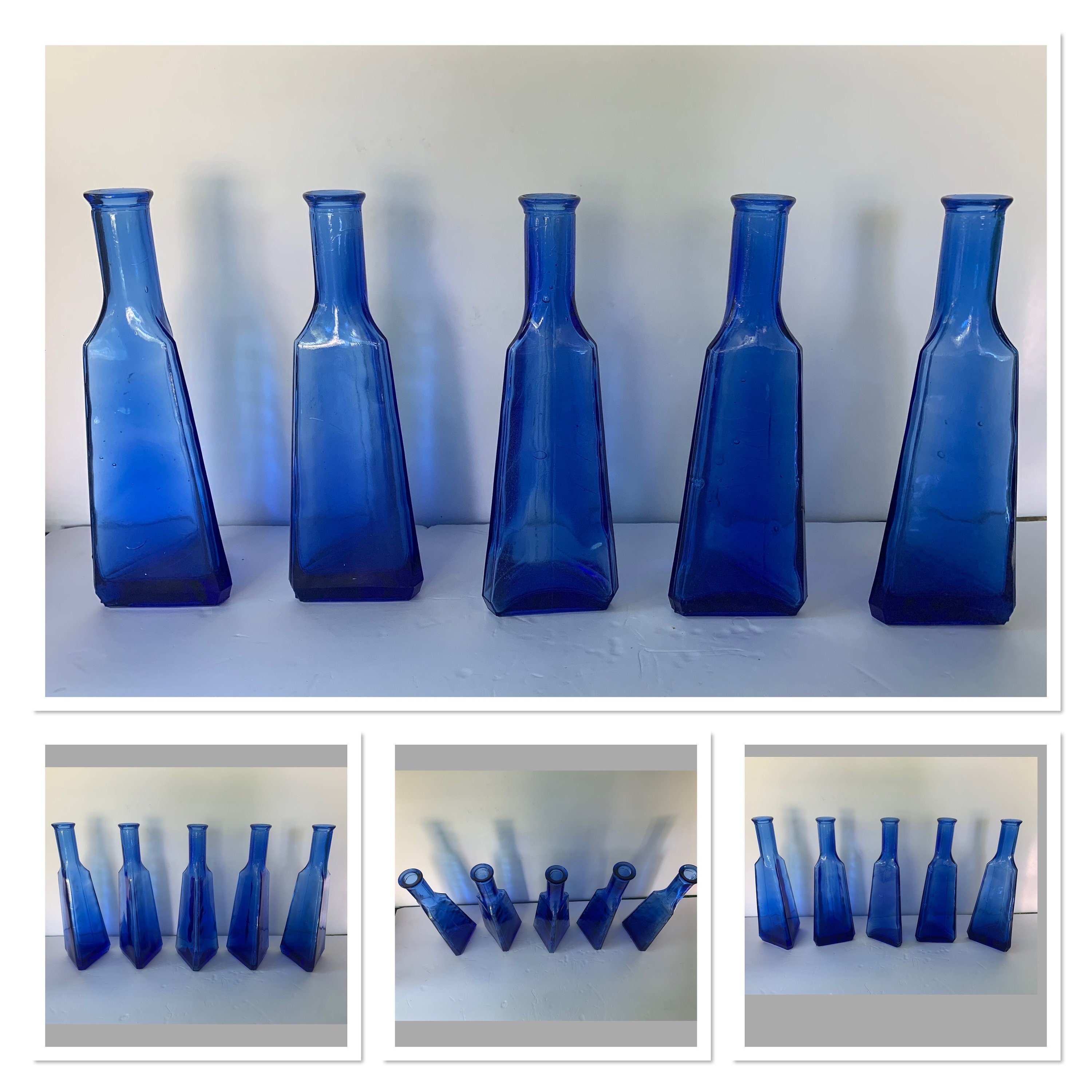 Stunning Vintage Cobalt Blue Triangular Bottles Unmarked 9 3/8 X 3 1/4 ...