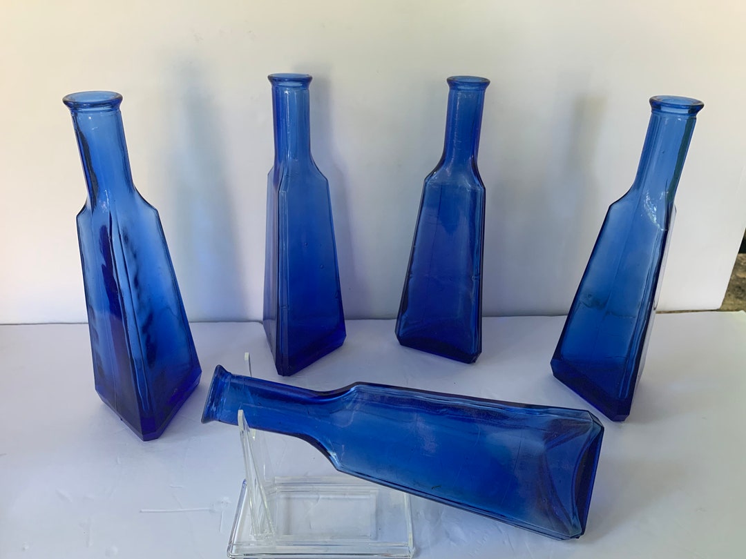 Stunning Vintage Cobalt Blue Triangular Bottles Unmarked 9 3/8 X 3 1/4 ...