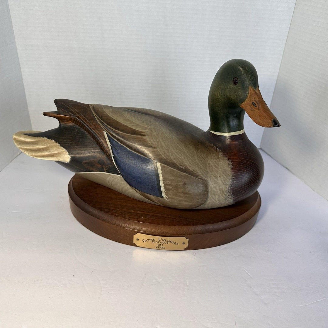 Ducks Unlimited 60th Anniversary Carved Mallard Drake Decoy on Wood ...