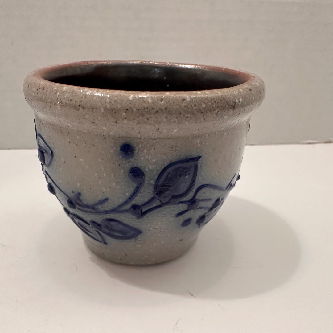 Mini Stoneware Crock With Blueberry Vine Salt Glaze Votive Holder ...
