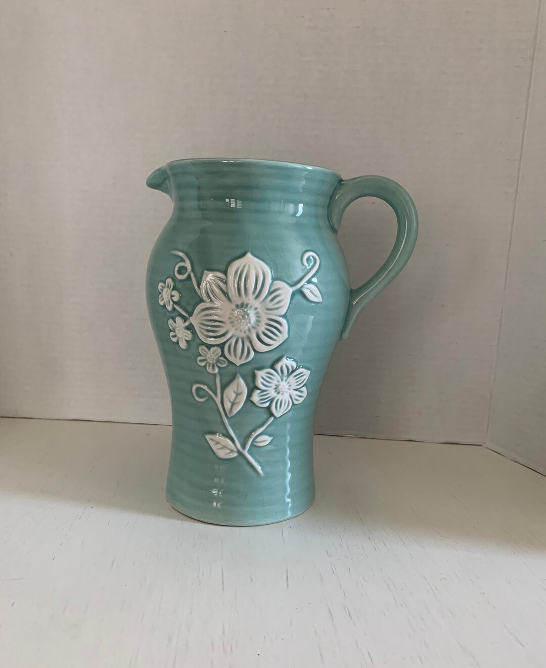 Vintage Teleflora 8.75” Aqua Pitcher/vase With White Raised Flowers - Etsy