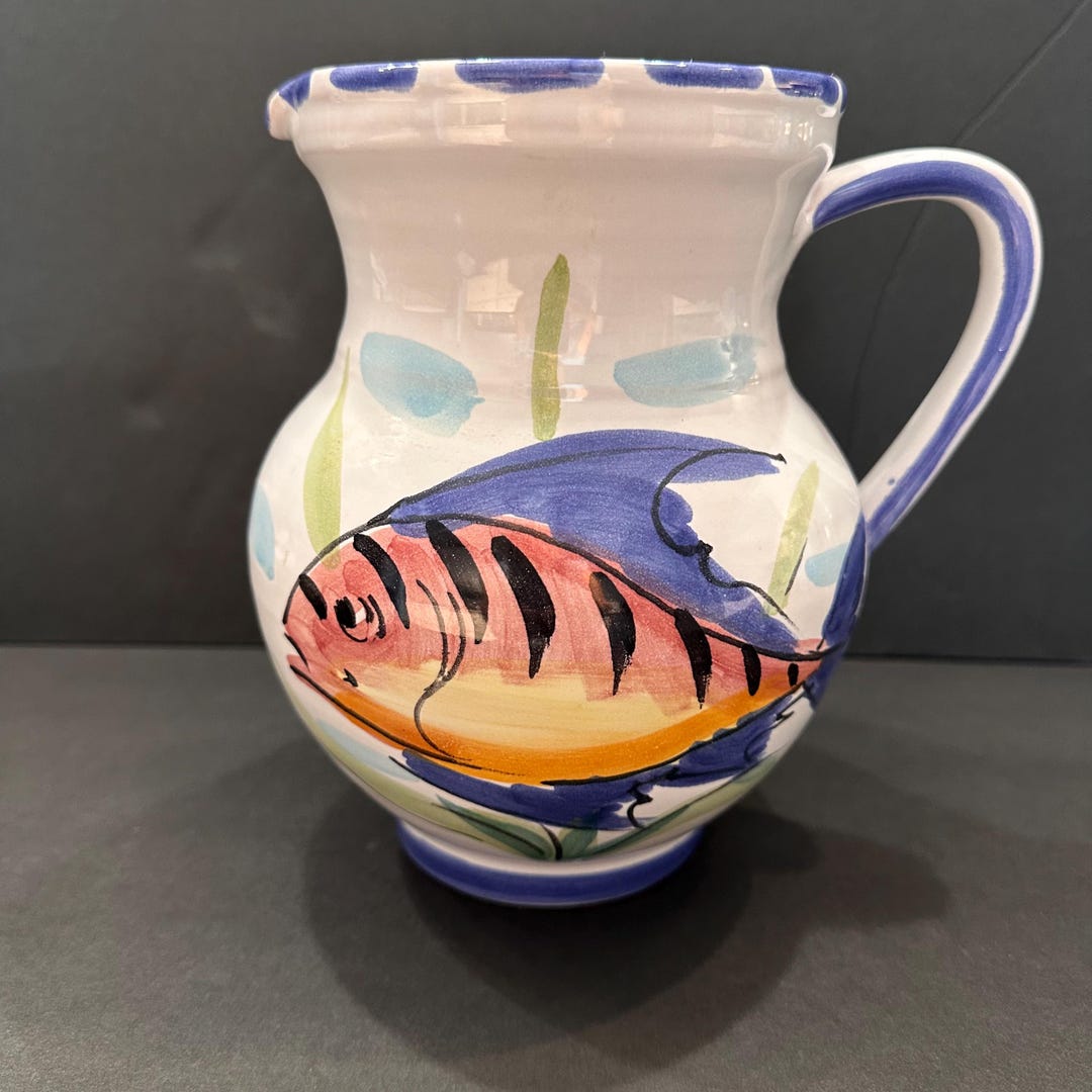 Vietri Ceramic Fish Pitcher Made in Italy - Handpainted, Blue Trim - 7 ...