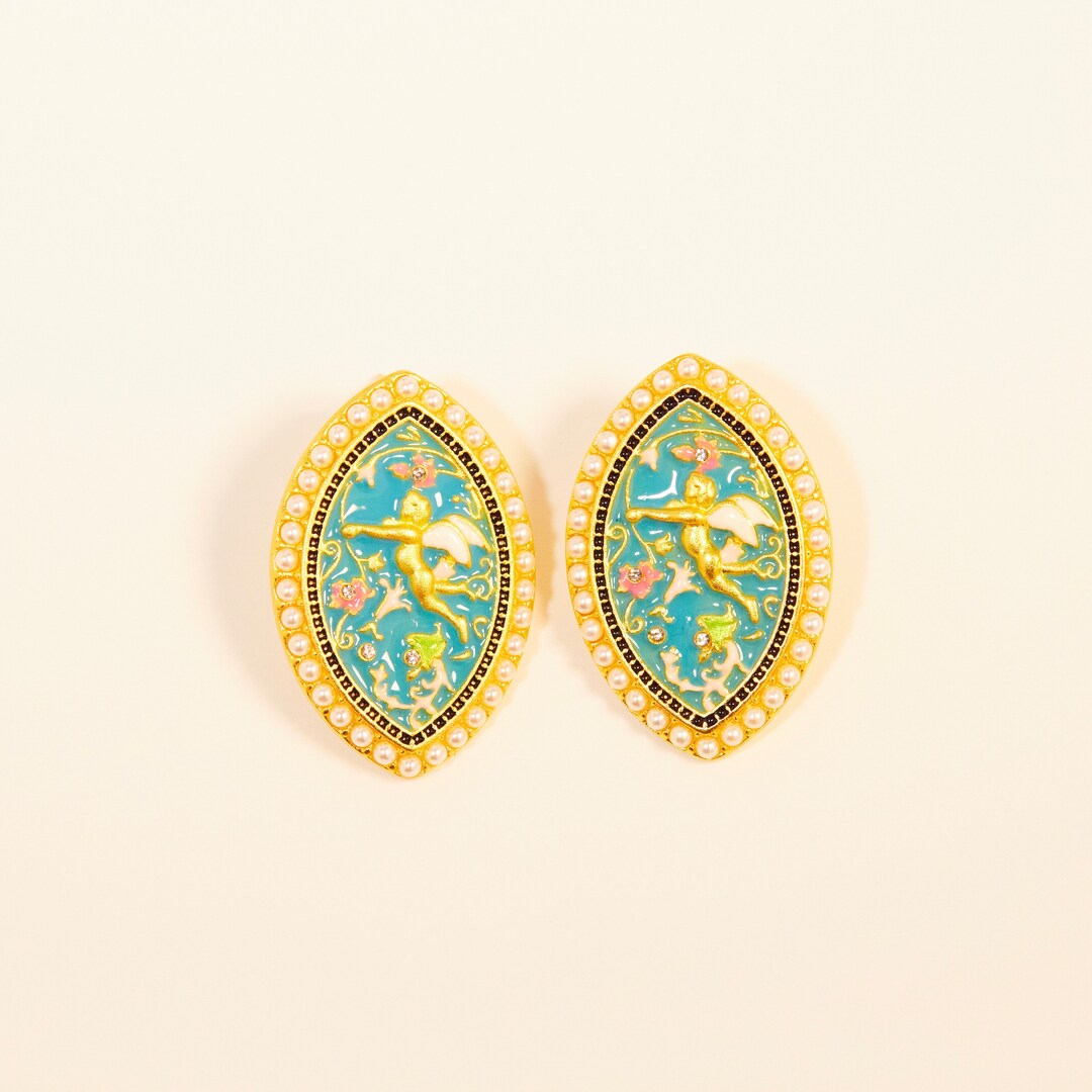 Unique Vintage Studs/handmade Enamel Green Angel Studs/gold Plated ...