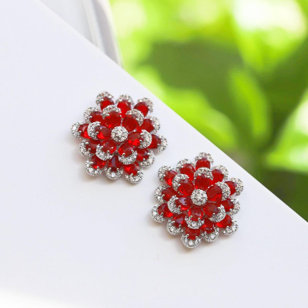 Unique Aesthetic Floral Studs/vintage Red Cluster Quartz Studs/handmade ...