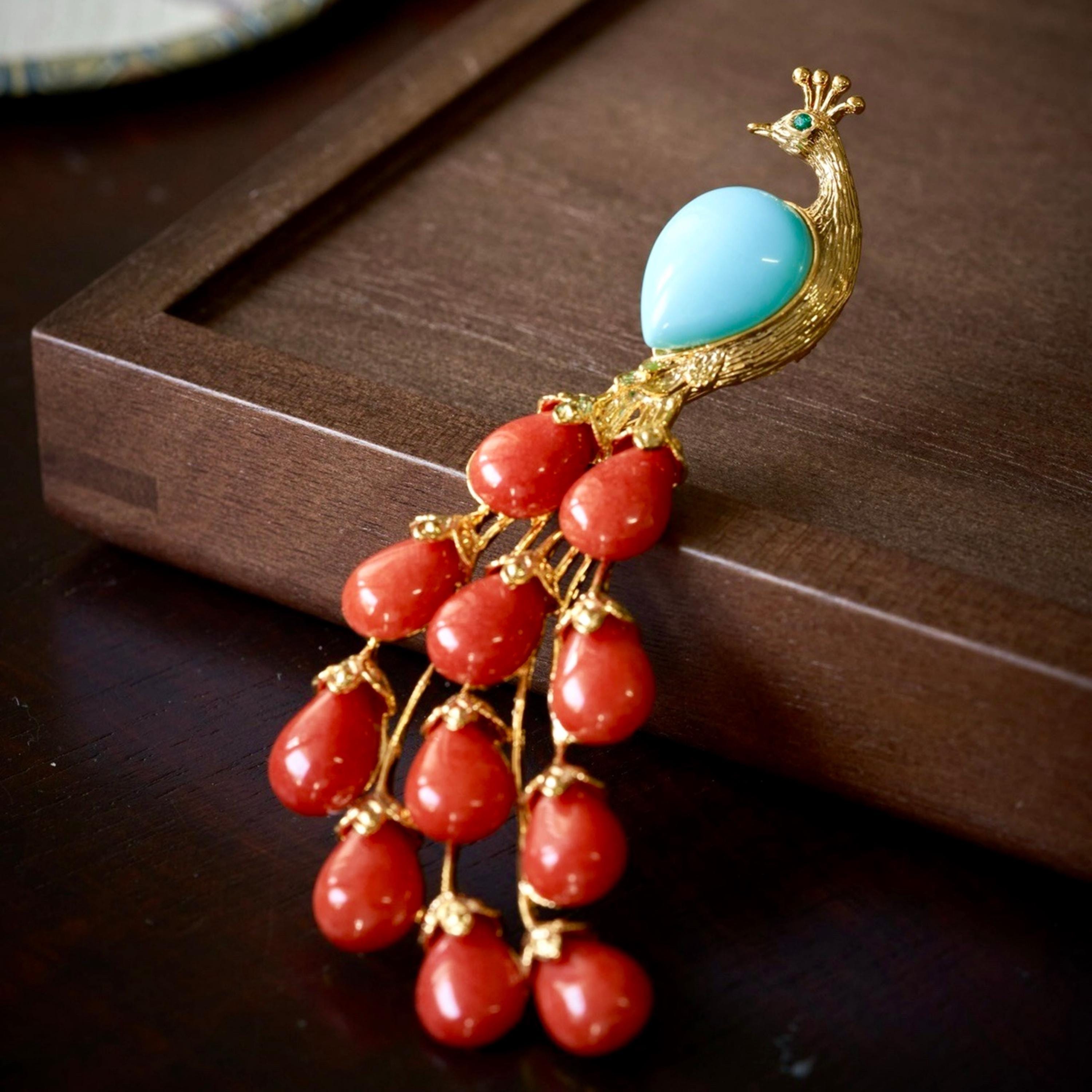 Unique Peacock Red Jade and Lab Turquoise Brooch/handmade Cluster ...