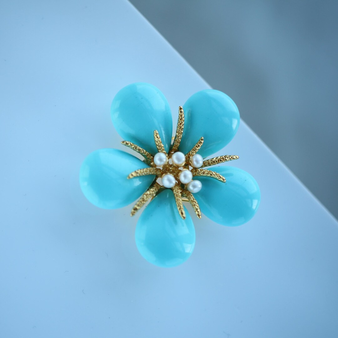 Unique Natural Compressed Turquoise With Pearl Brooch/floral Petal Real ...