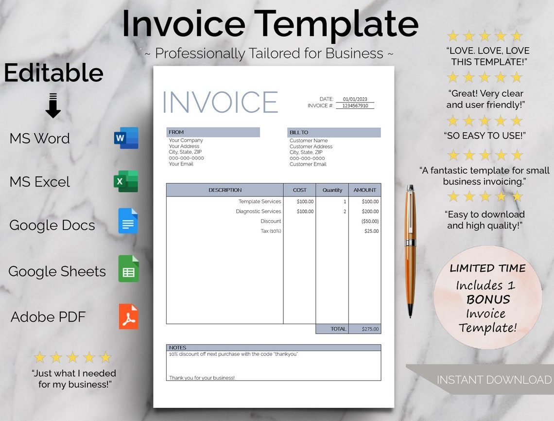 Invoice Template Pdf/google Docs/word. Business Invoice. Invoice Word ...