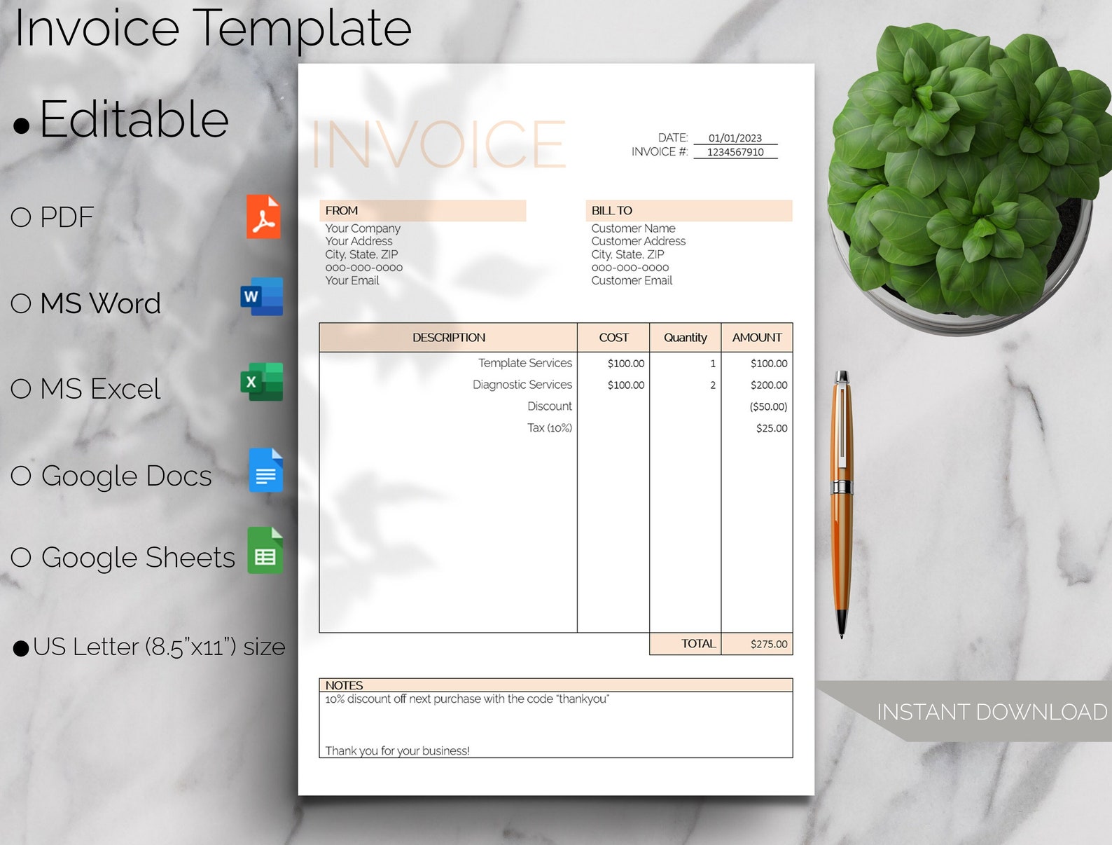 Invoice Template Pdf/google Docs/word. Business Invoice. Invoice Word ...