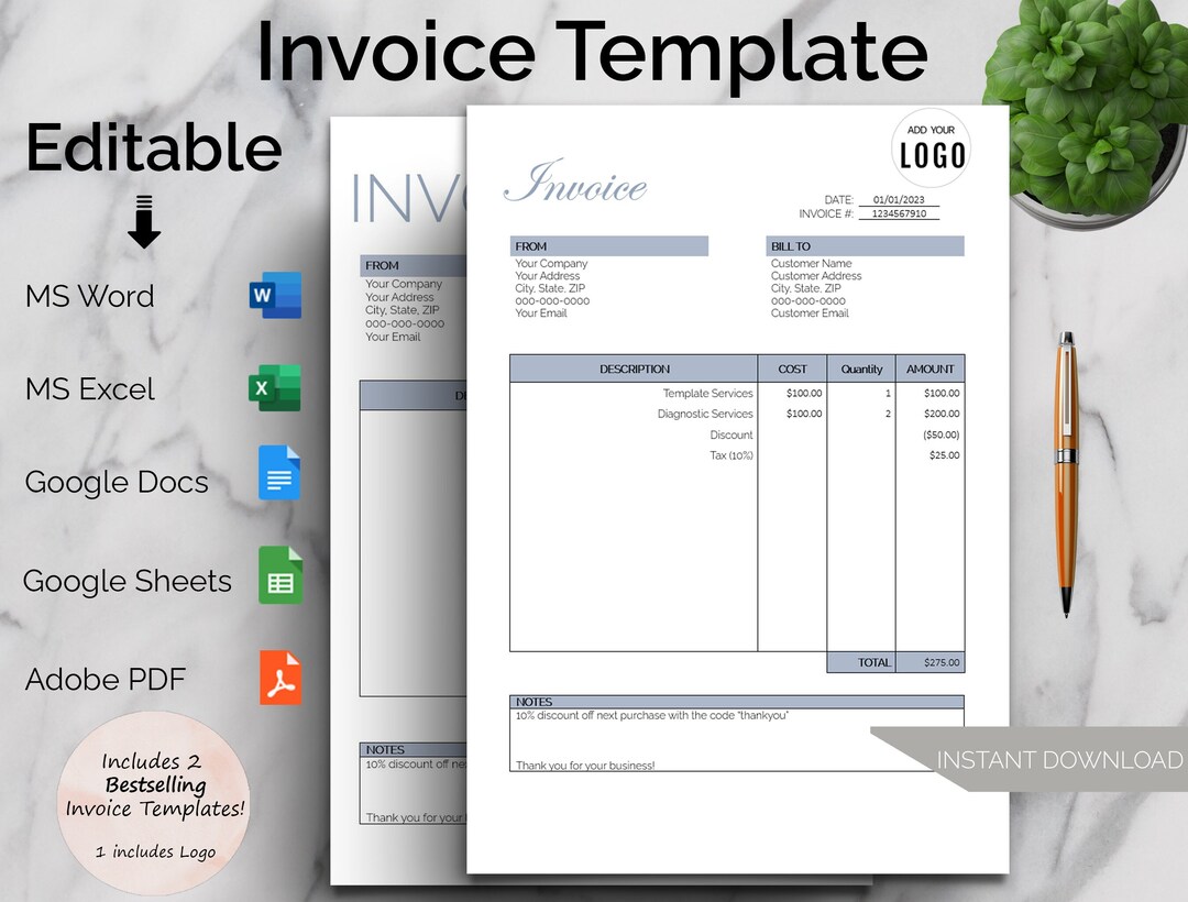 Invoice Template, Invoice Templates, Printable Invoice, Editable ...