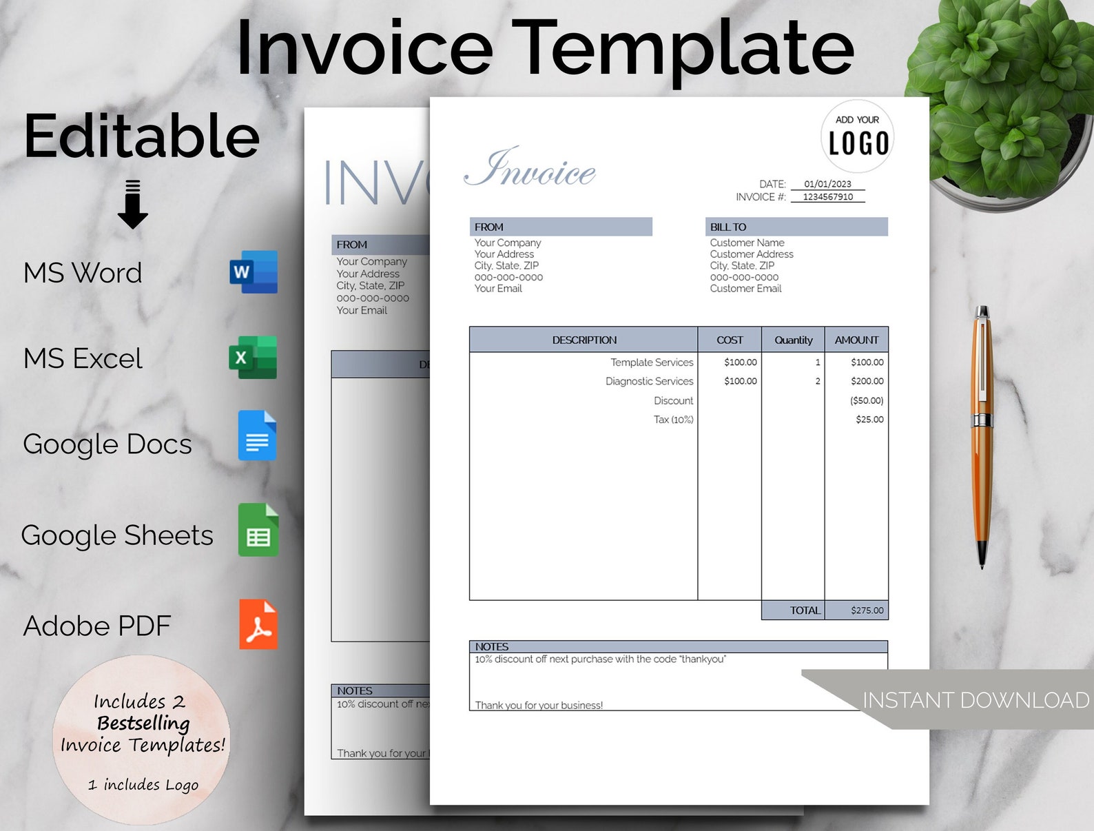 Invoice Template, Invoice Templates, Printable Invoice, Editable ...