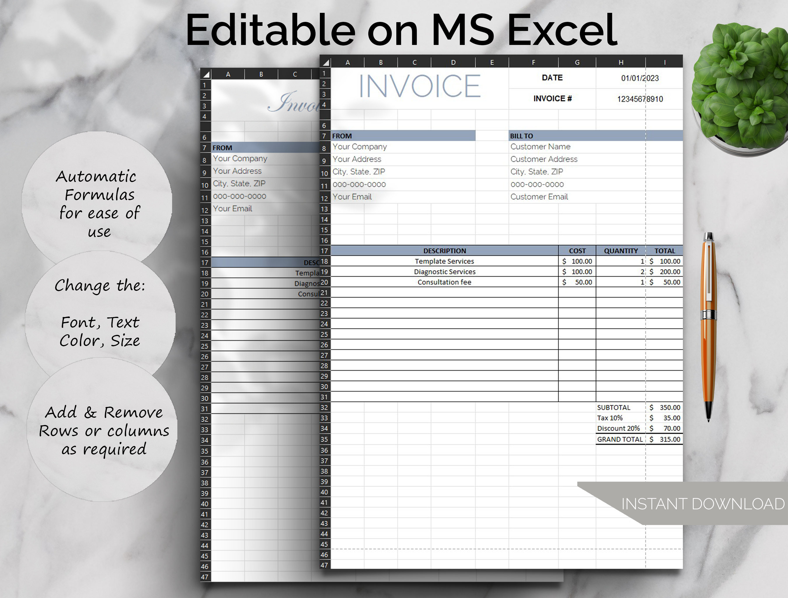 Invoice Template, Invoice Templates, Printable Invoice, Editable ...