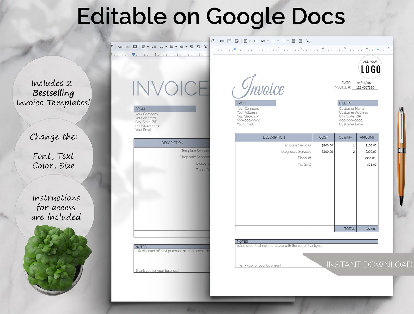 Invoice Template, Invoice Templates, Printable Invoice, Editable ...