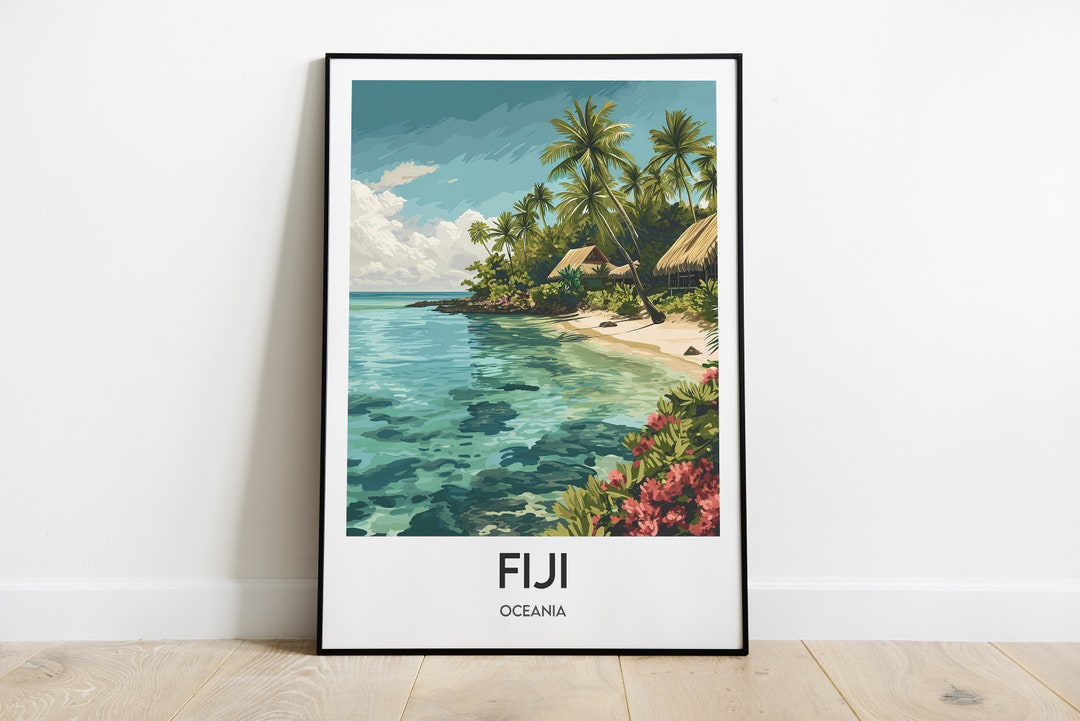 Fiji Travel Poster - Oceania Illustration With Wooden Frame - Etsy