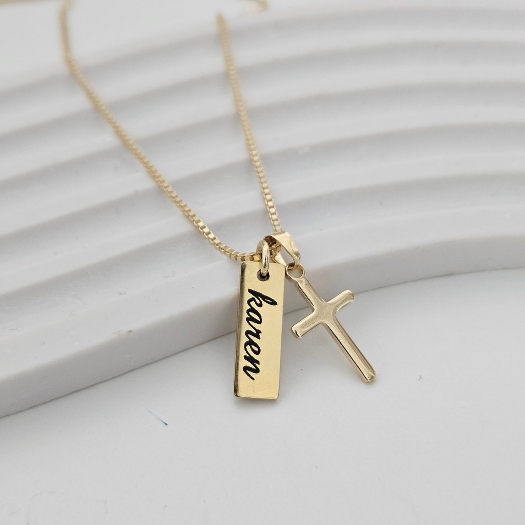 Custom Name & Cross Necklace, 18K Gold Filled, Personalized Christian ...
