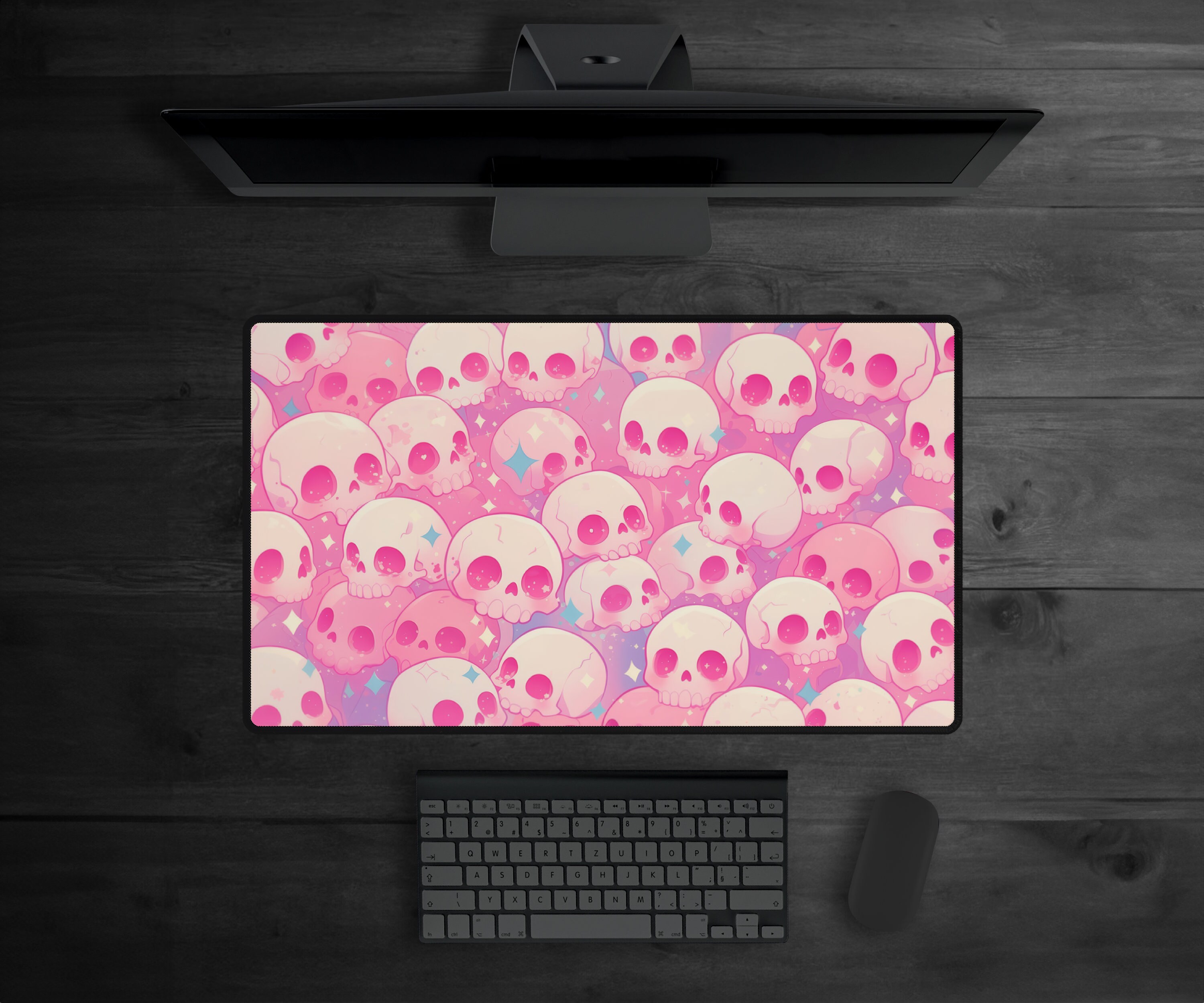 Creepy Kawaii Skull Desk Mat, Cute Pastel Goth Mousepad, Pink Skulls ...