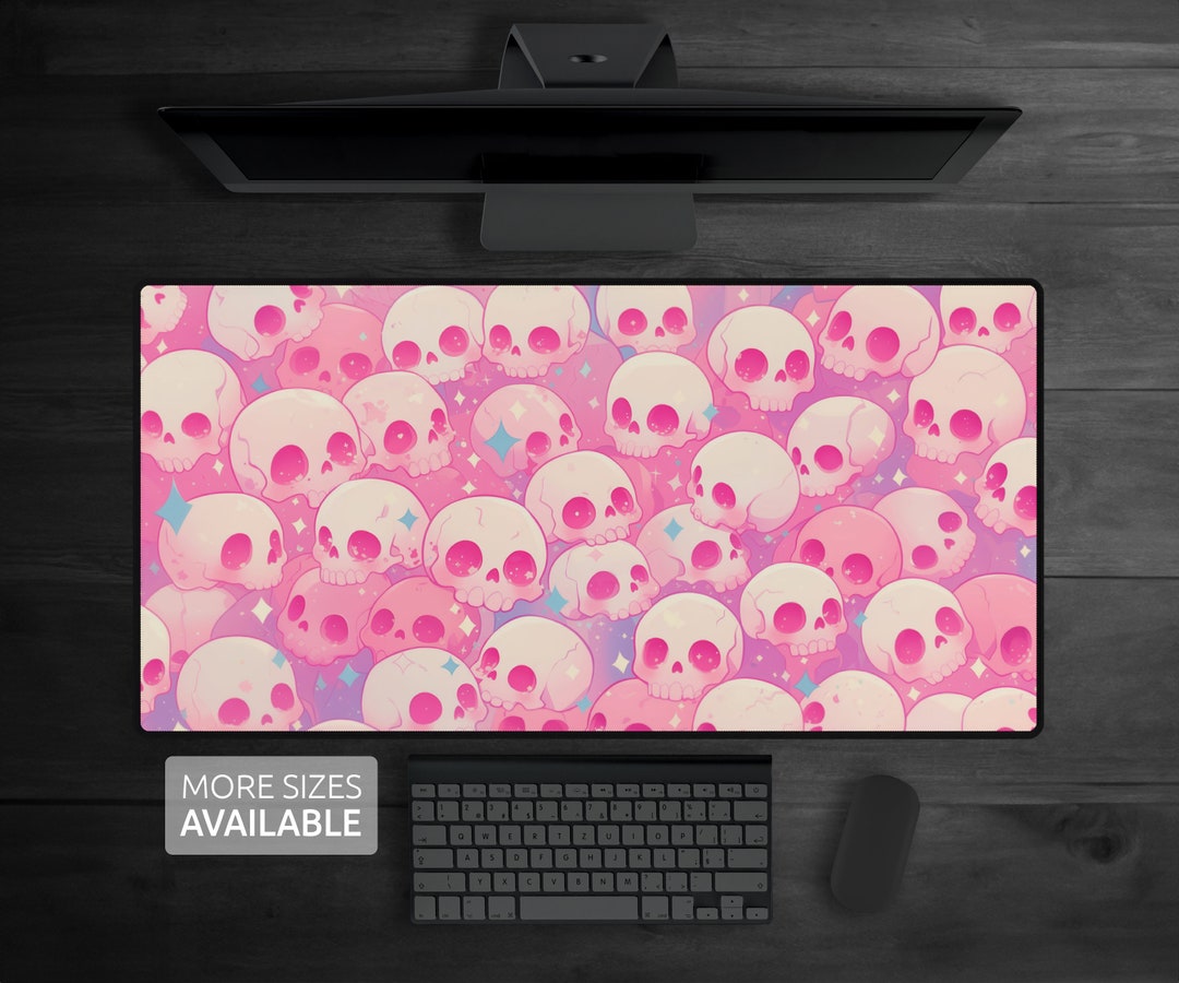 Creepy Kawaii Skull Desk Mat, Cute Pastel Goth Mousepad, Pink Skulls ...