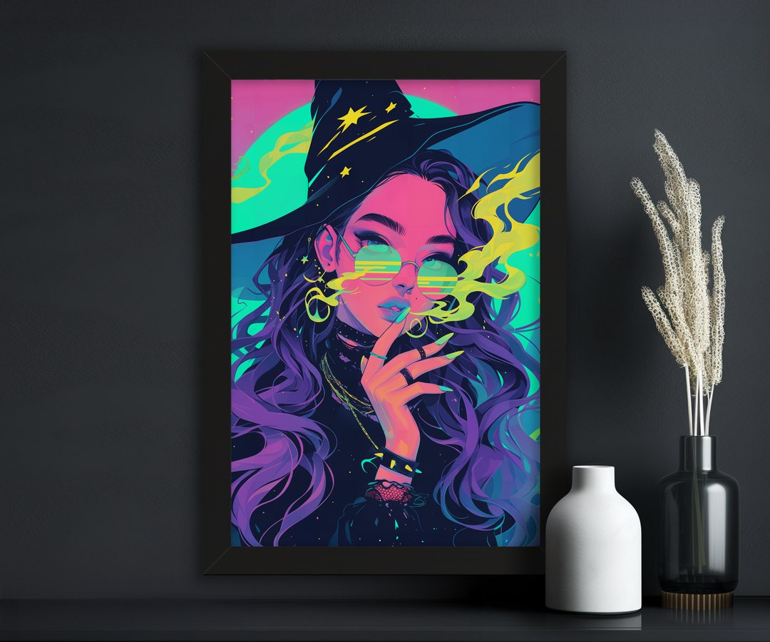 Vaporwave Goth Witch Poster, Neon Magic Art Print, Cyber Witch, Wall ...