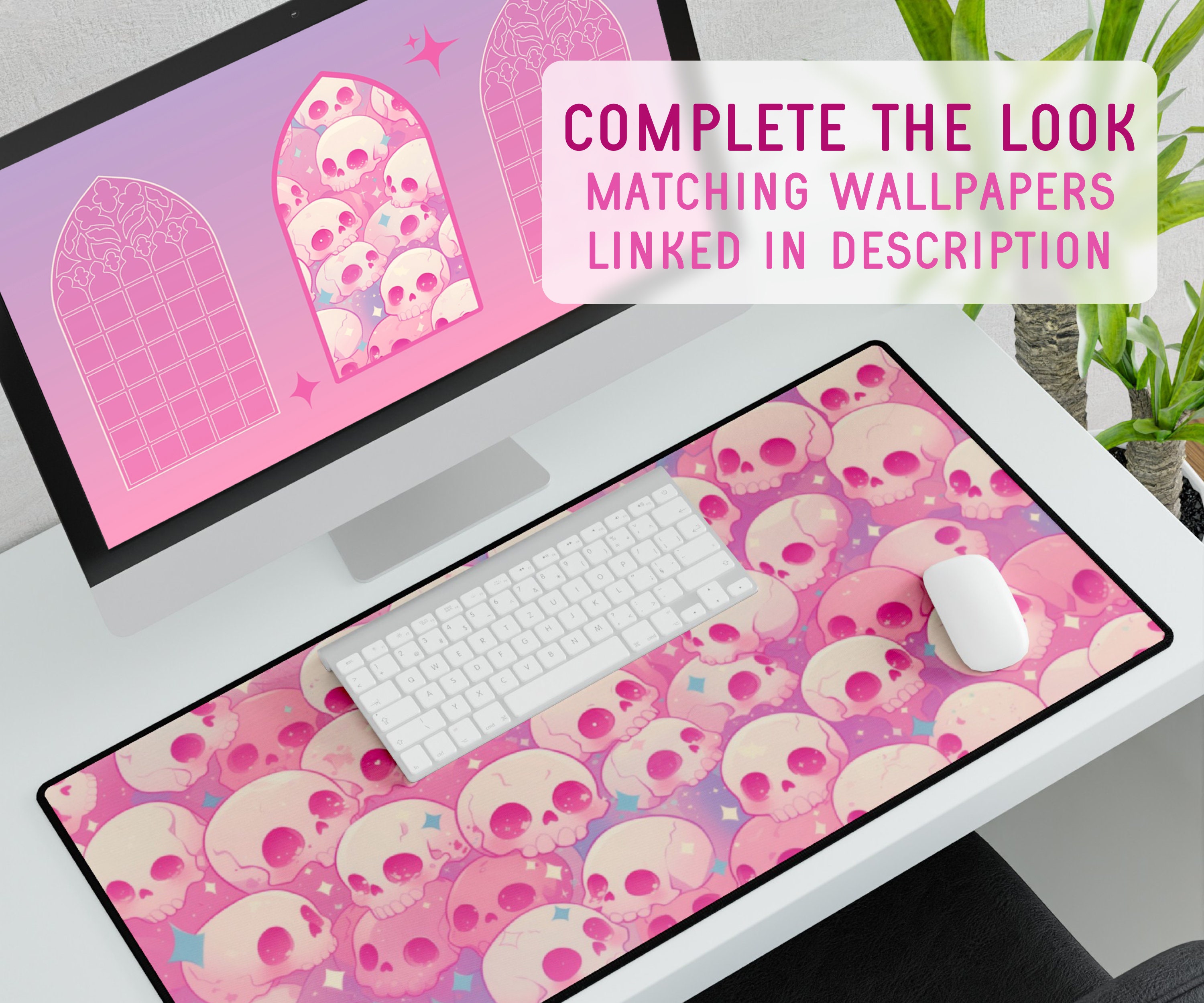 Creepy Kawaii Skull Desk Mat, Cute Pastel Goth Mousepad, Pink Skulls ...