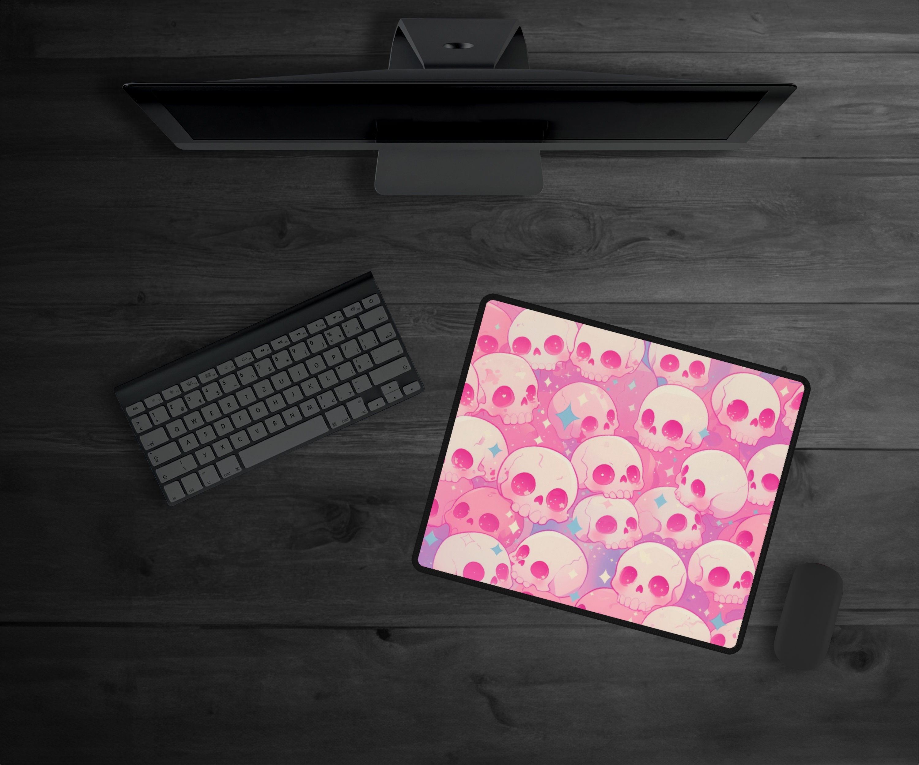 Creepy Kawaii Skull Desk Mat, Cute Pastel Goth Mousepad, Pink Skulls ...