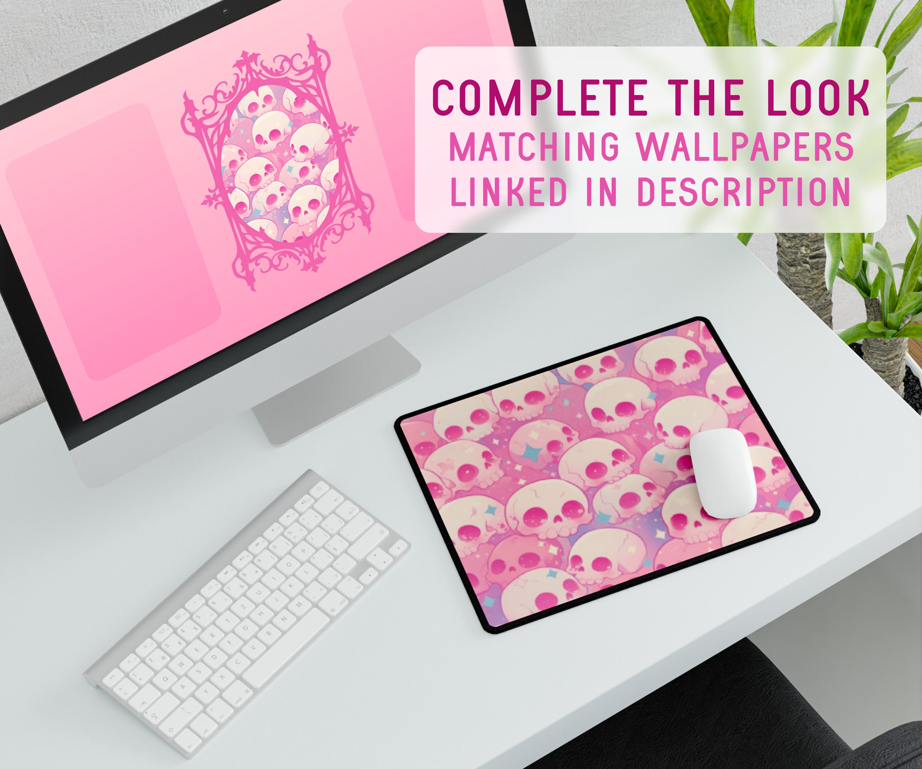 Creepy Kawaii Skull Desk Mat, Cute Pastel Goth Mousepad, Pink Skulls ...