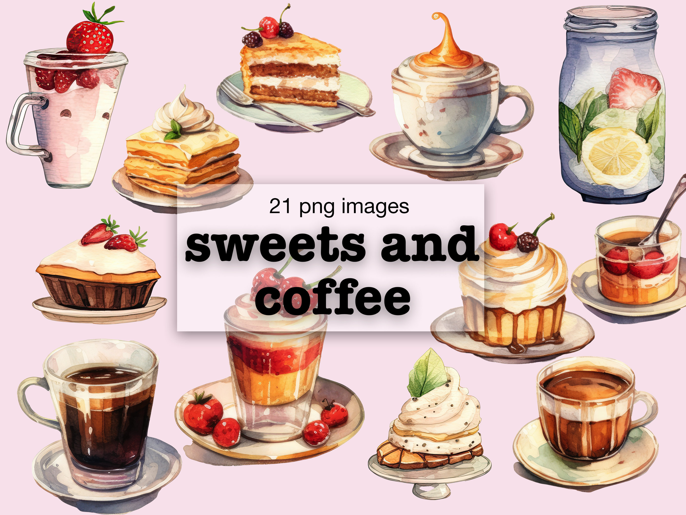 Watercolor Sweets and Coffee Clipart Set - Sweet Dessert Png Images for ...