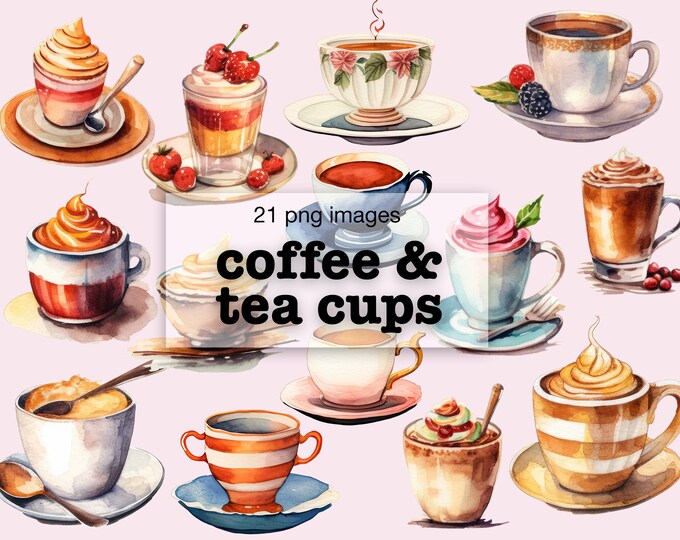 50 Coffee Shop Watercolor JPG Images Digital Art Printable Kit Instant ...