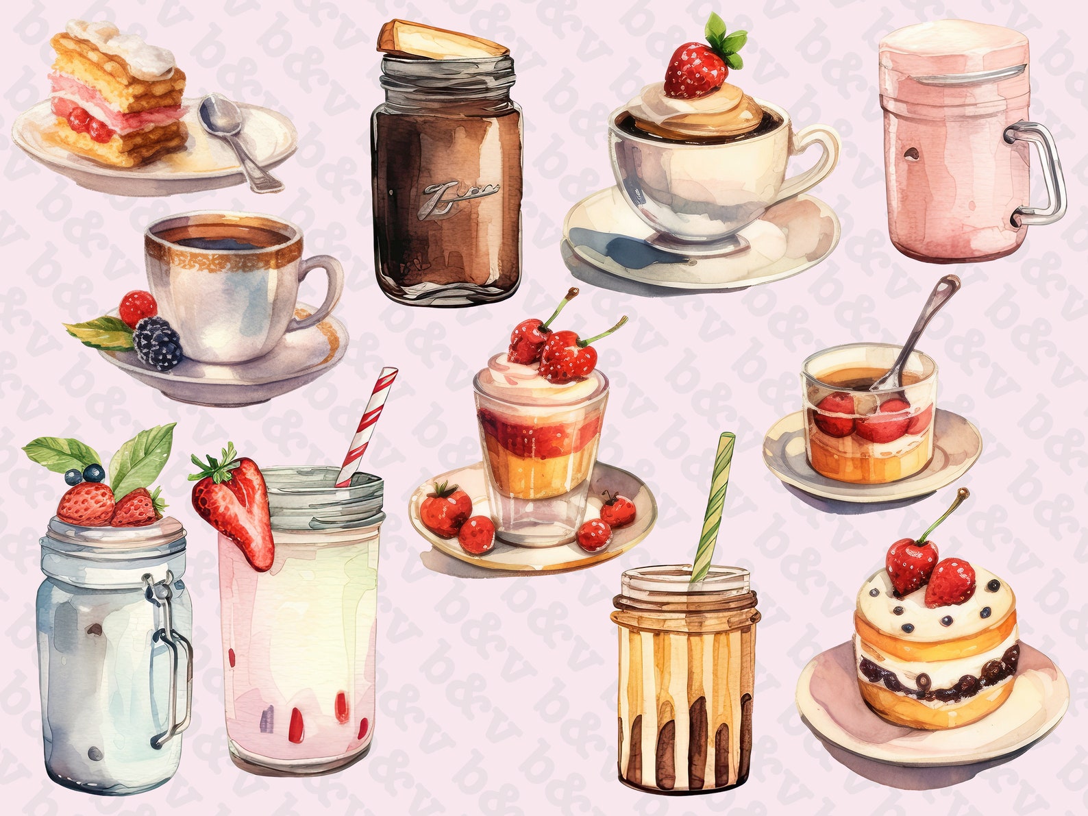 Watercolor Sweets and Coffee Clipart Set - Sweet Dessert Png Images for ...