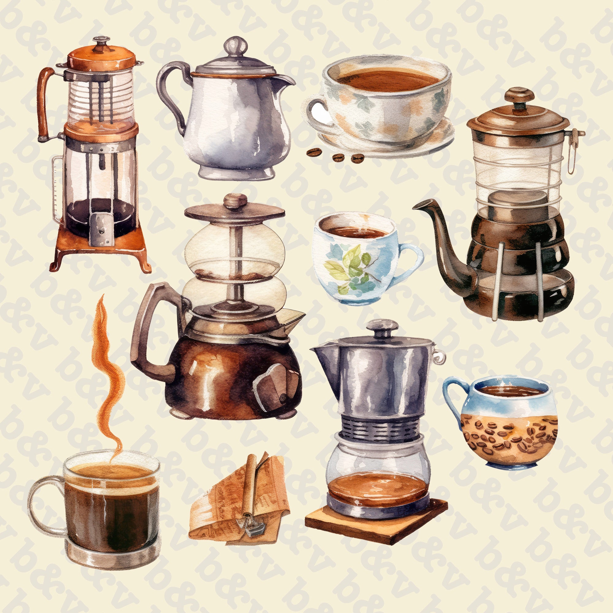 Watercolor Vintage Coffee Clipart Set - Café Clipart Png Images for ...