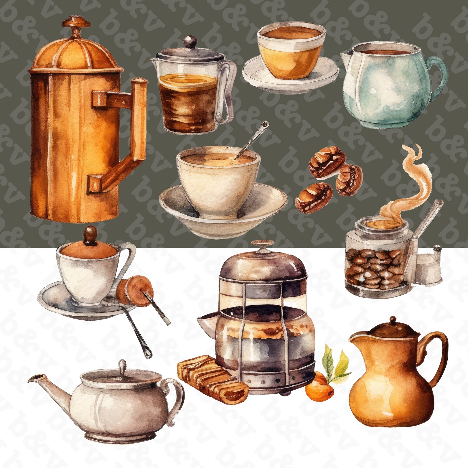 Watercolor Vintage Coffee Clipart Set - Café Clipart Png Images for ...