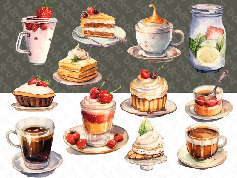 Watercolor Sweets and Coffee Clipart Set - Sweet Dessert Png Images for ...