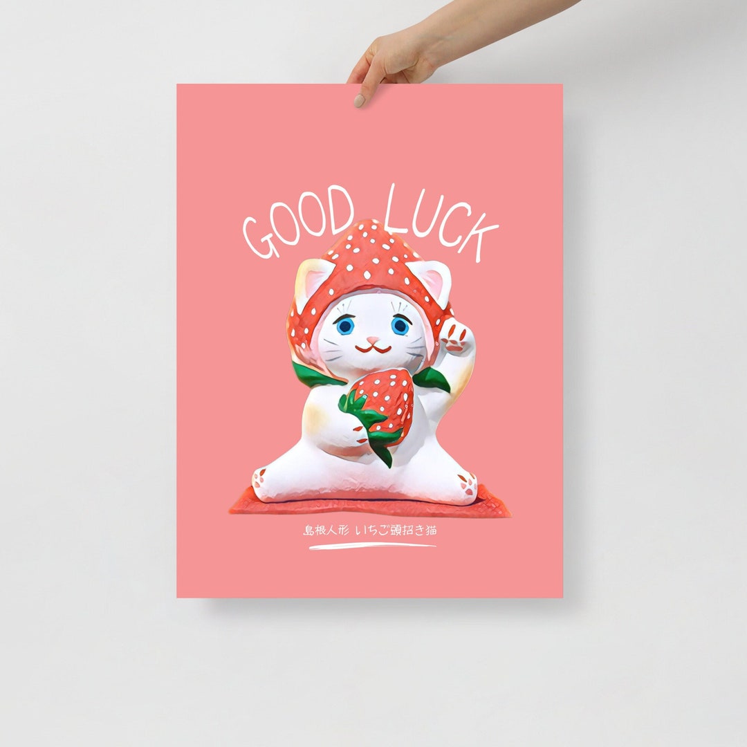 Strawberry Cat Good Luck Japan Lucky Cat Painting Vintage Art Print ...