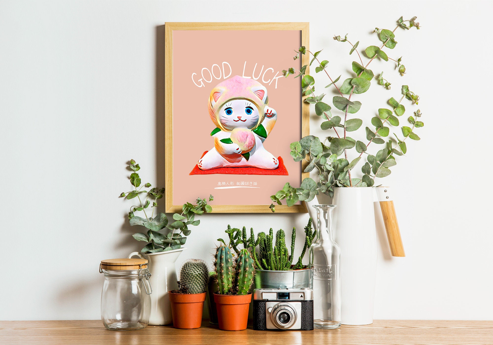Peach Cat Good Luck Japan Lucky Cat Wall Art Printable Vintage | Maneki ...