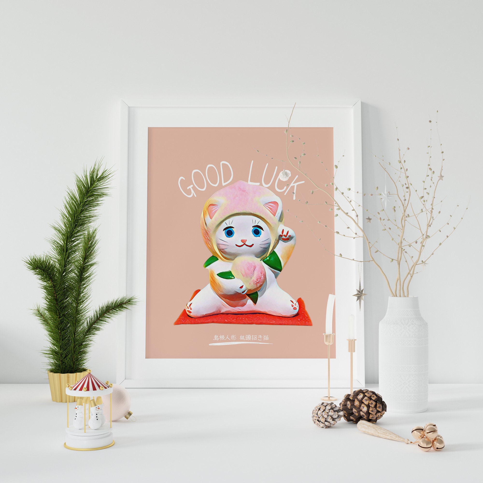 Peach Cat Good Luck Japan Lucky Cat Wall Art Printable Vintage | Maneki ...