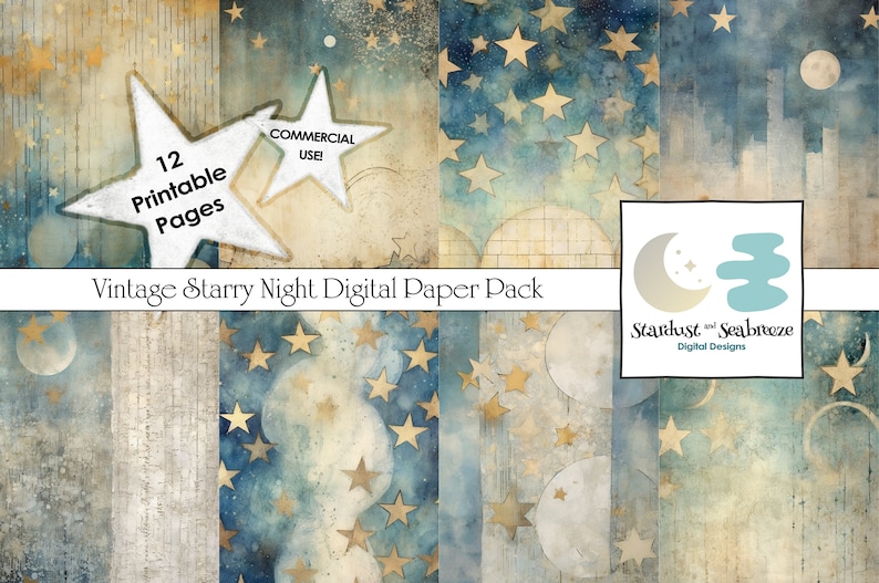 Vintage Starry Night Digital Paper - Original, High-quality Printable ...