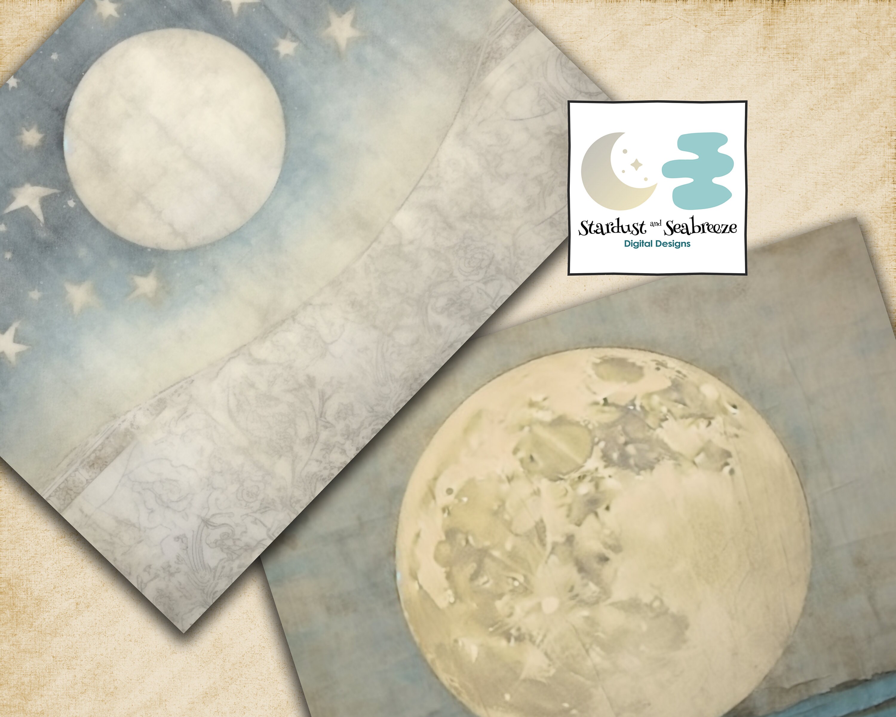 Vintage Moon Digital Paper, Original Whimsical Art, Printable - Perfect ...