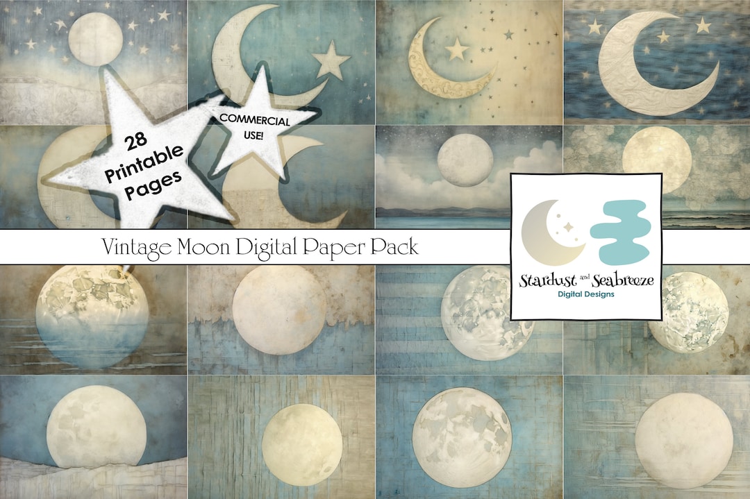 Vintage Moon Digital Paper, Original Whimsical Art, Printable - Perfect ...