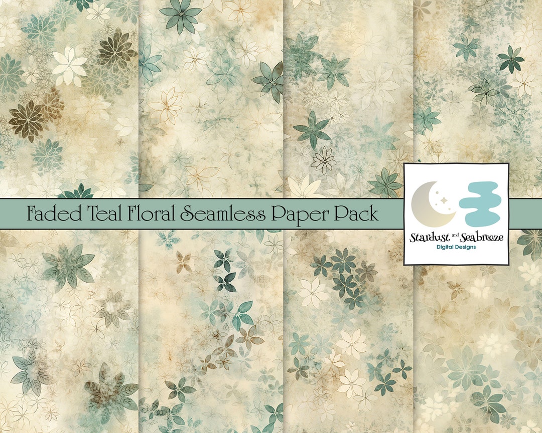 Teal Floral Seamless Digital Paper Pack - Faded Floral Wallpaper for ...