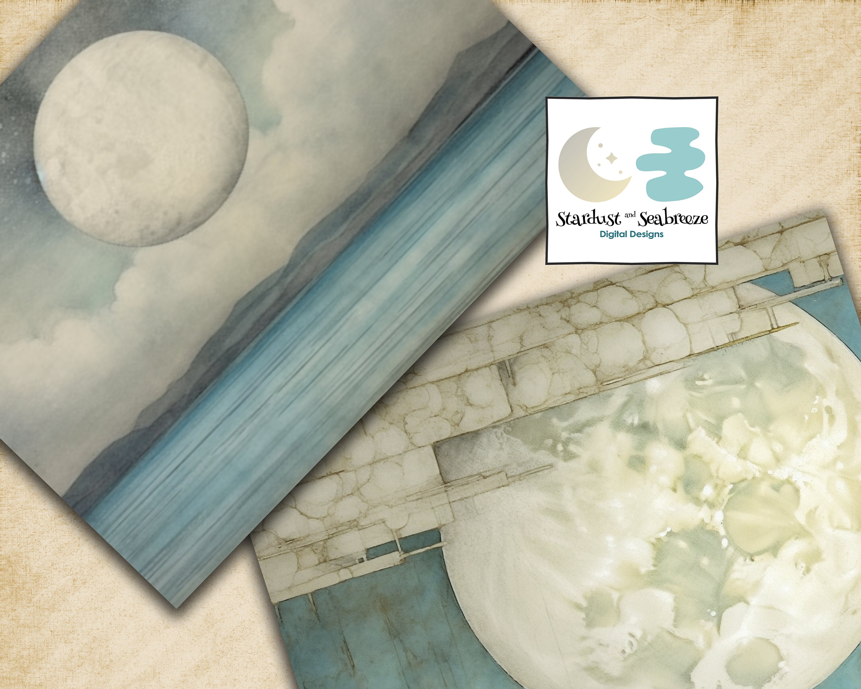 Vintage Moon Digital Paper, Original Whimsical Art, Printable Perfect ...