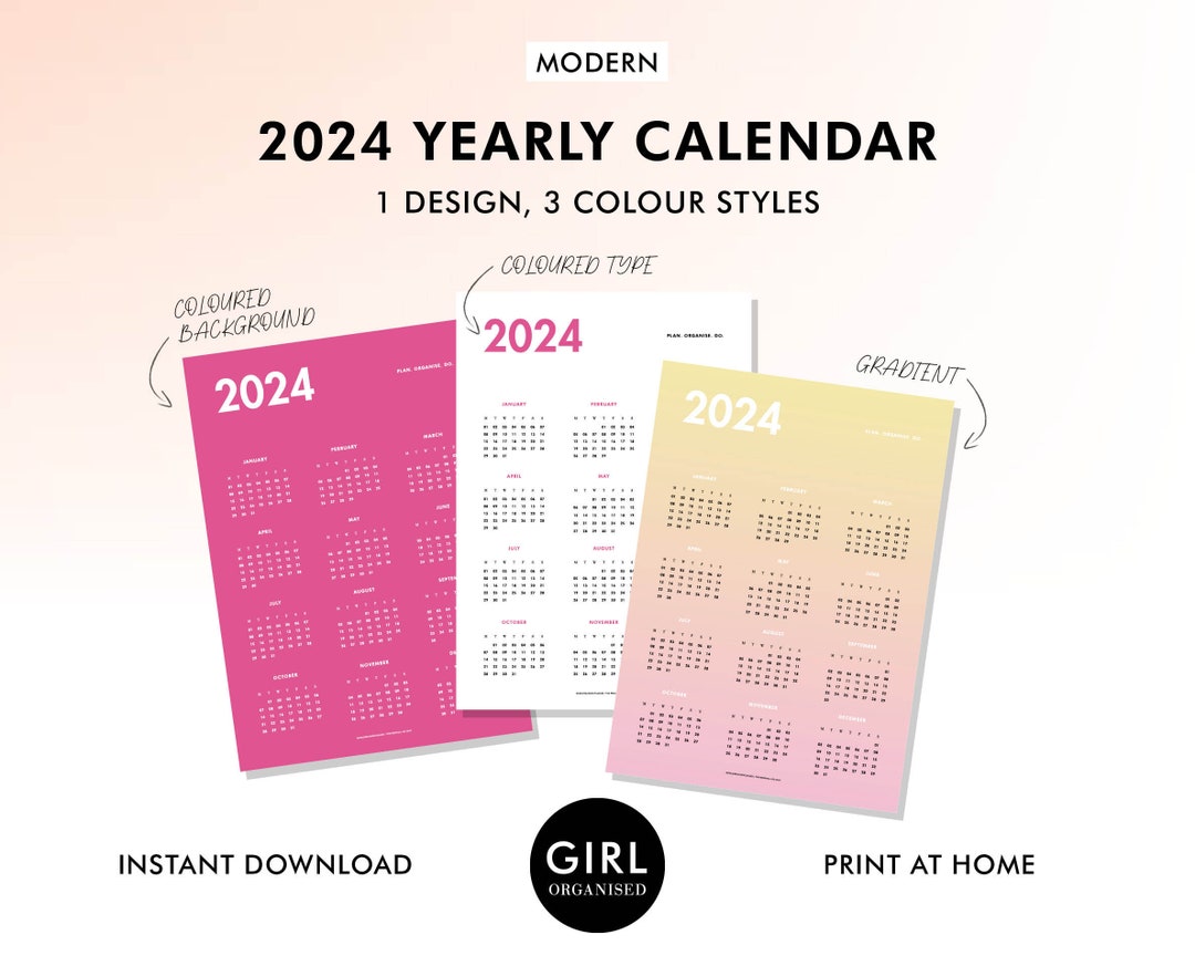 2024 Year Calendar Printable, Yearly Wall Calendar, Desk Calendar ...