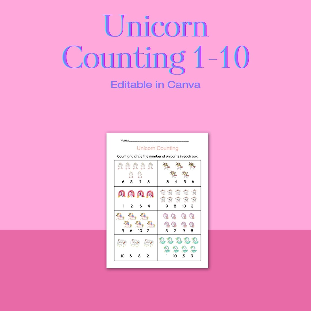 Unicorn Counting Template, Counting 1-10 Canva Template, Unicorn-themed ...